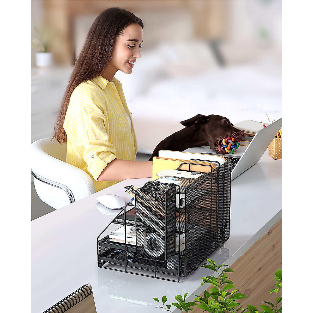 Egepon Office Desk Organizer with Vertical File Folder Holders 5-Tier Paper Letter Tray with Drawer and Hanging Pen Holder Multifunction Office Supplies and Accessories for Office School Home