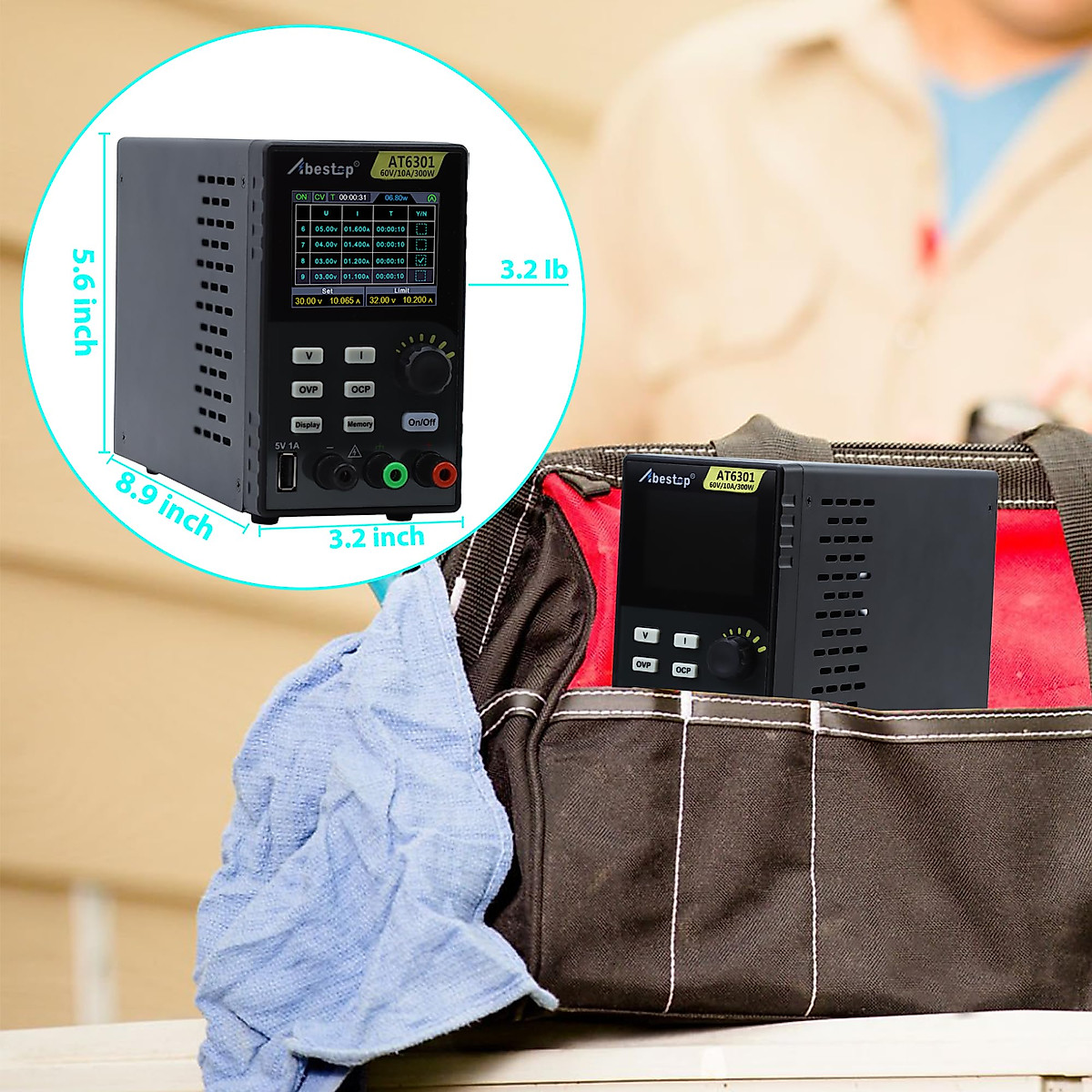 Abestop AT6301 DC Power Supply Variable, 60V/10A/300W Adjustable Bench Power Supply with 10mV / 1mA High Resolution 4-Digits 2.8 inch LCD Display, 5V/1A USB Output