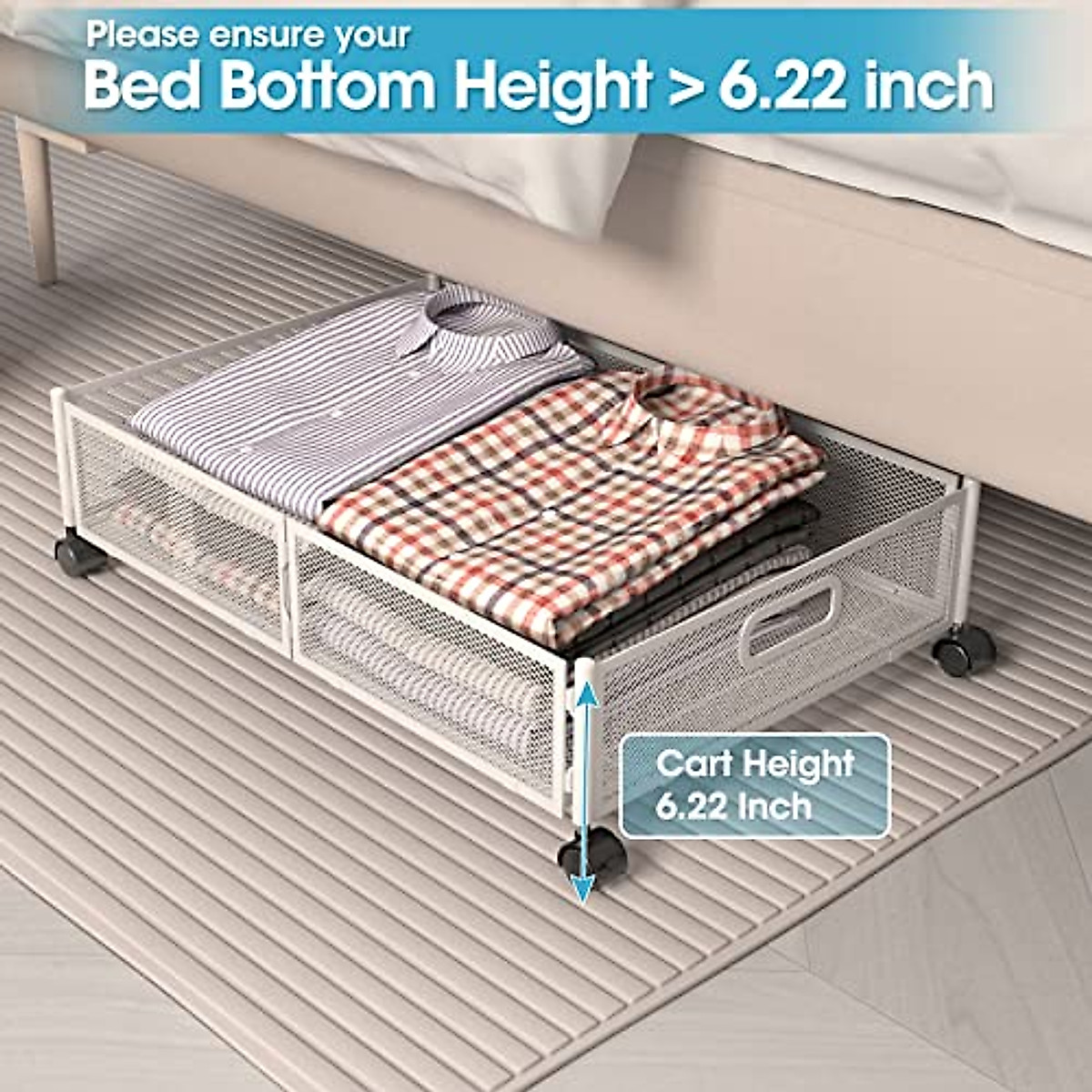Fabutendus 2 PCS under-bed storage drawer, underbed storage with wheels, under-the-bed storage, Tool-free Assembly Metal Under-Bed Shoe Storage Organizer for Clothes Blankets Shoes Bedding Toys, White