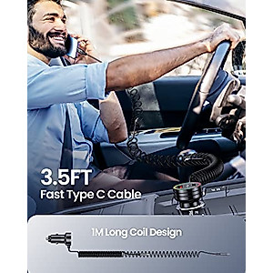 USB C Car Charger, 60W Super Fast Car Charger PD & QC 3.0 with 30W Type C Coiled Cable, Car Phone Charger for iPhone 15 Series/Samsung Galaxy S23-S21/iPhone 14-8/Google Pixel/LG/Android/iPad/MacBook