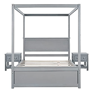 Bellemave Full Size Wood Canopy Bed with Trundle and Two Nightstands, 4-Post Platform Frame Headboard, 3 Pieces Bedroom Set (Brushed Gray) Full Canopy Bed+2 Nightstands