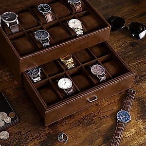 BEWISHOME 20 Slot Watch Box for Men Watch Case, Watch Display Case with Real Glass Lid, 2 Layers Watch Holder Organizer, Metal Hinge, Brown Leather SSH24Z