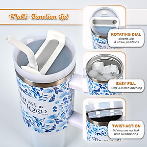Christian Art Gifts Extra Large Double Wall Stainless Steel Insulated Travel Tumbler for Women: Trust in the Lord Uplifting Scripture, Twist Dial Lid, Reusable Straw & Tip, White & Blue Floral, 40 oz