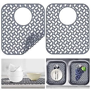 JUSTOGO Silicone Sink Protector, Rear Drain Kitchen Sink Mats Grid Accessory,2 PCS Folding Non-slip Sink Mat for Bottom of Farmhouse Stainless Steel Porcelain Sink (Grey,13.58 ''x 11.6 '')