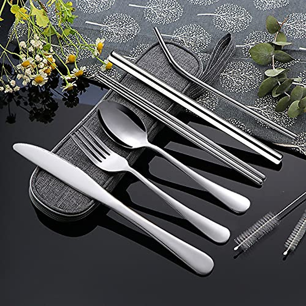 Reusable Utensils Set with Case Portable Travel Utensils Cutlery Set Stainless Steel Flatware Set for Camping 8pcs Including Dinner Knife Fork Spoon Chopsticks Boba Straw (Silver)