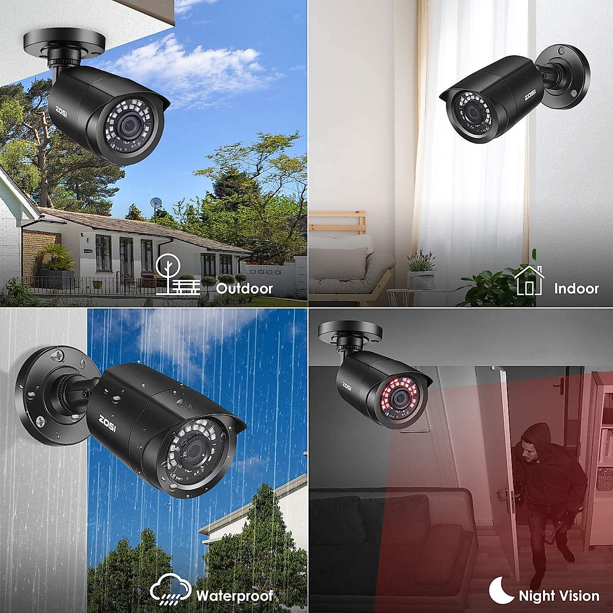 ZOSI 4 Pack 1080P 2.0MP Outdoor Indoor 3.6mm 24PCS Infrared IR Lens Day Night CCTV IR Cut Surveillance Security Camera Compatible for TVI DVR (Renewed)