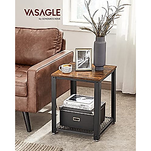 VASAGLE Side Table, 2-Tier Nightstand, End Table with Mesh Shelf, Steel Frame, Adjustable Feet, for Living Room, Bedroom, Industrial Style, Rustic Brown and Black ULET41X