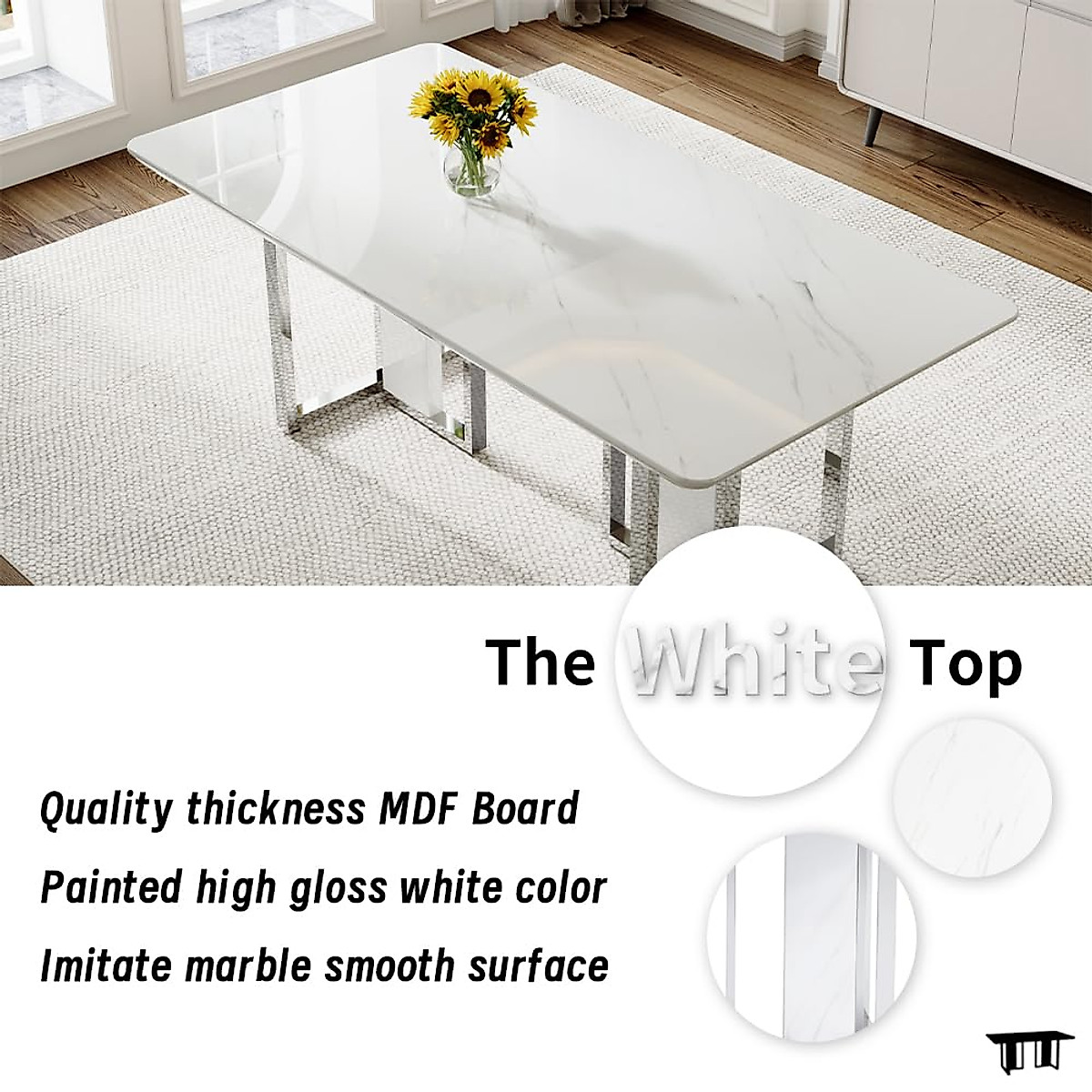 67" Dining Table,White Gloss Kitchen Table,1.57" Thick MDF Board Table Top Coated by Faux Marble Pattern with Chrome Plate Metal Base,Modern Dining Table for 6-8 People