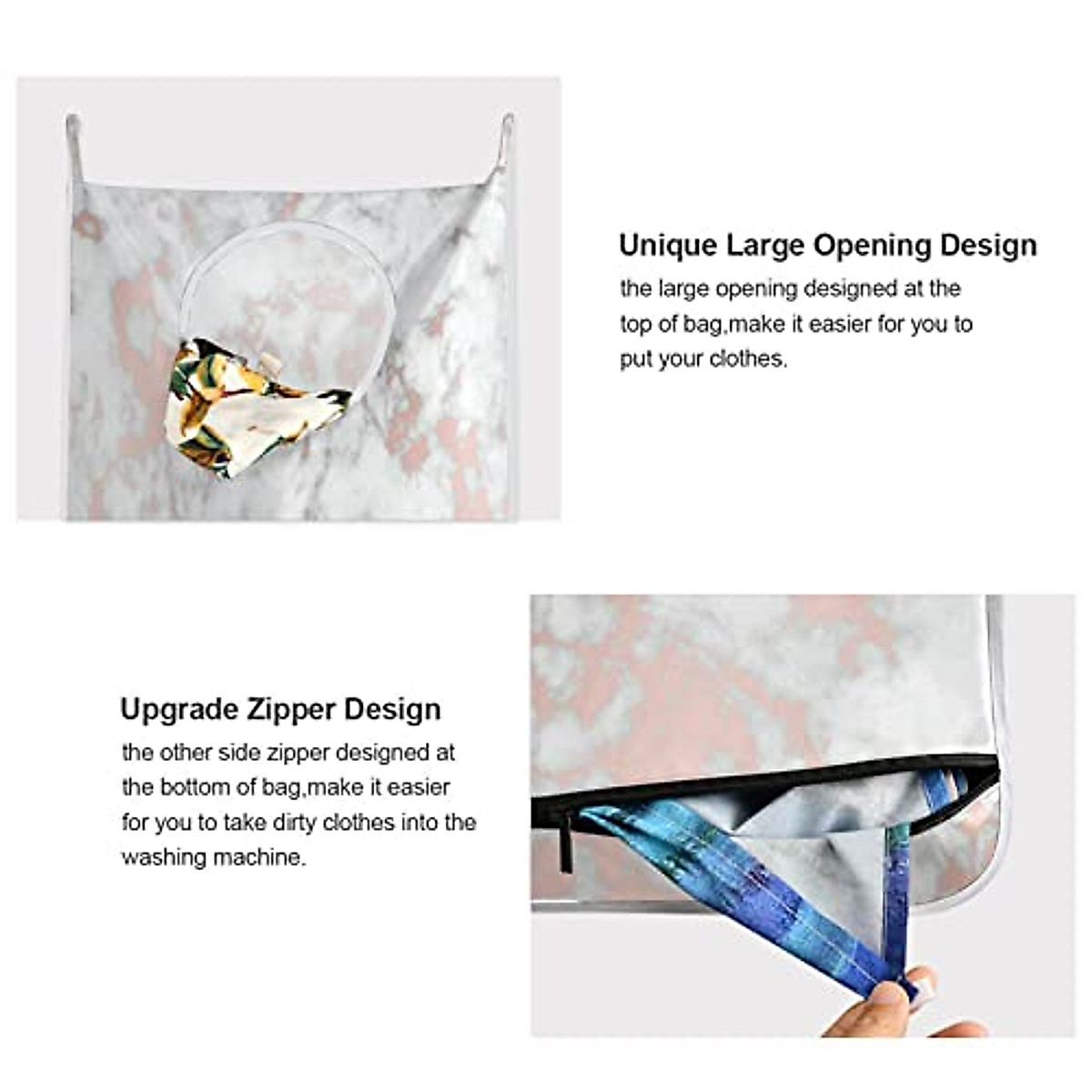 Marble Pattern Hanging Laundry Hamper Bag Door/Wall/Closet Hanging Large Laundry Bag Basket for Dirty Clothes Storage Organizer,with 2 Hooks,Space Saving for Travel,Small Room