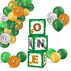 Jungle Animals Wild One Balloons Boxes Decoration Safari First Birthday Backdrop Blocks Decor for Baby Boys Girls B-Day Party Supplies Milestone One Year Anniversary Celebration Favor Ideas Set of 39
