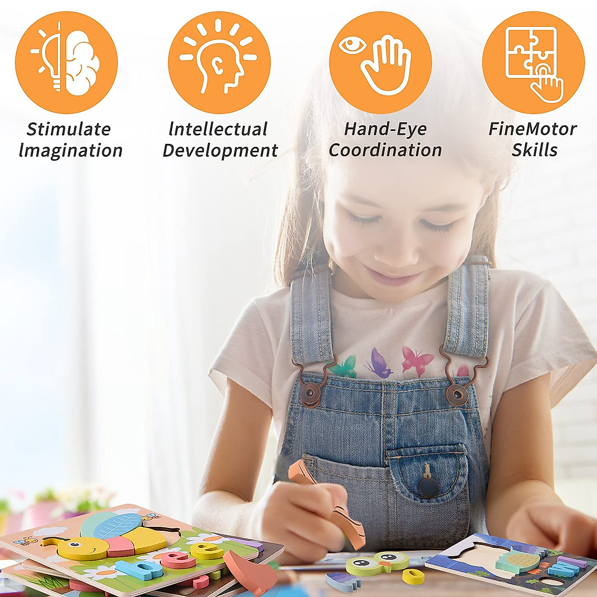 Cheerlyhood Toddler Jigsaw Puzzles Wooden Montessori Educational Preschool Learning Toys Frog Bee Snail Owl 4 Pack