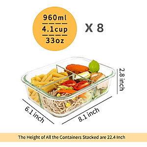 Bayco 8 Pack Glass Meal Prep Containers 3 Compartment, Glass Food Storage Containers with Lids, Airtight Glass Lunch Bento Boxes, BPA-Free & Leak Proof (8 lids & 8 Containers) - Grey