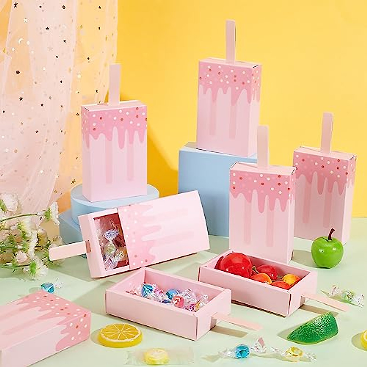 PH PandaHall Paper Ice Cream Shape Gift Boxes, 20 pcs 3.6x2 Inch Popsicle Mini Cartoon Candy Folding Paper Box Party Favor Candy Box for Halloween Birthday Wedding, Pink