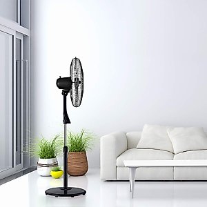 PELONIS 18" Quiet Oscillating Pedestal Fan with LED Display, Remote Control, 3 Speeds and Modes, 7.5h Programmed Timer for Home and Office, Glossy Black