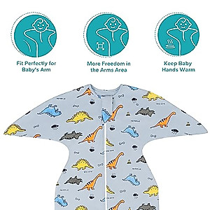 ZIGJOY Shark-Fin Transition Swaddle - Cozy Baby Wearable Blanket Cotton Lightweight Self-Soothing Sleep Sack, 1.0 TOG, Dinosaur World, Large (6-9 Months)