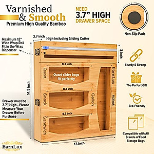 BarnLux 5 in1 Ziplock Bag Storage Organizer & Wrap Dispenser with Cutter - Premium Bamboo Baggie Organizer for Drawer, Anti-Cushion Bottom, Wall Mounted, Varnished Surface, 1 Box,13" x 14.5" x 3.7"