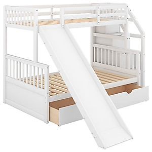 Twin Over Full Bunk Bed with Stairs and Slide, Solid Wood Bunk Bed Frame with Storage Drawers for Kids Girls Boys (White)