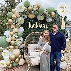 Sage Green Baby Shower Decorations, Baby Shower Decorations for Boy Girl, Sage Green Gold Balloons Garland Kit with Safari Baby Shower Decorations Olive Neutral Jungle Gender Reveal Party