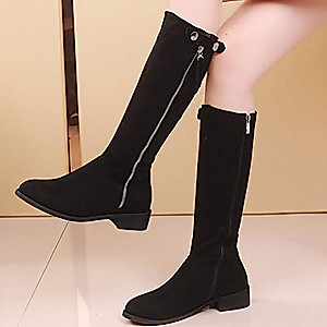 Fheaven Women's Flock Side Zip Knee High Boots Buckle Low Heel Casual Middle Tube Booties
