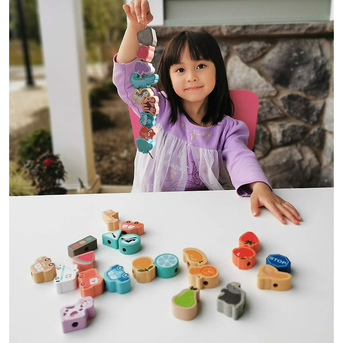 BMTOYS Montessori Educational Threading Toys Wooden Stringing Traffic Wild Animals Fruits Lacing Beads Preschool Toy for Toddler 18 Month 1 2 3 4 5 Year Old Boys Girls