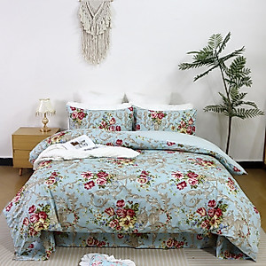 Softta Vintage Luxury Flower Leaves Queen Size Bedding Set 4Pcs Duvet Cover + Flat Sheets Set + 2 Pillowcases Boho Floral 100% Egyptian Cotton Colorful Red Orange Blue