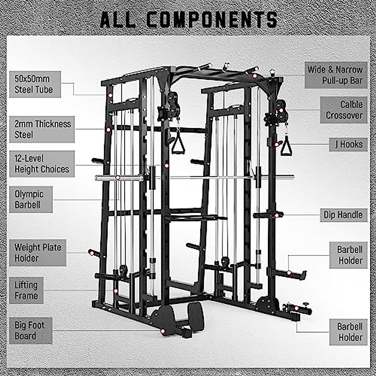 MAJOR LUTIE Smith Machine with Weight Bench, SML07 1600lbs Power Cage with Weight Bar and Two LAT Pull-Down Systems and Cable Crossover Machine, Exercise Machine Attachment Black (2023 Upgrade)