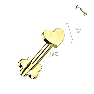 Pierced Owl 16GA G23 Implant Grade Titanium Heart Top Threadless Push in Flower Base Stud (Silver Tone)