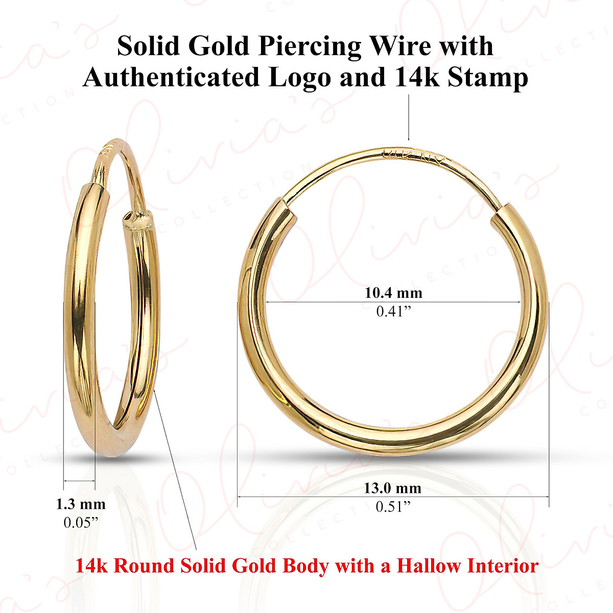 14k Yellow Gold Endless Hoop Earrings 13x1.3mm