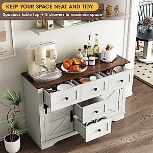 Vabches Farmhouse Sideboard Buffet Cabinet with Storage, Large Kitchen Sideboard Cabinet, Sliding Barn Doors and 5 Drawers, Adjustable Storage Shelves, Coffee Bar Table for Dining Room, White