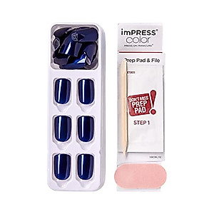 KISS imPRESS Color Press-On Nails, Nail Kit, PureFit Technology, Short Length, “Never Too Navy”, Polish-Free Solid Color Manicure, Includes Prep Pad, Mini Nail File, Cuticle Stick, and 30 Fake Nails