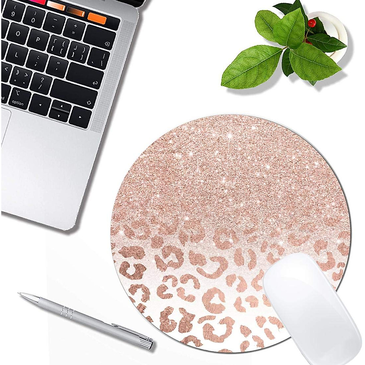 Rose Gold Glitter Ombre Mouse Pad Round Non-Slip Rubber Mousepad Laptop Office Computer Decor Cute Desk Accessories Customized Design Mouse Pad