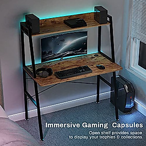 DESIGNA Small Computer Ladder Desk with Storage Shelves, 43 Inch 2-Tier Home Office Students Study Writing PC Gaming Table with Bookshelf Modern Workstation for Space Saving, Metal Frame, Rustic Brown