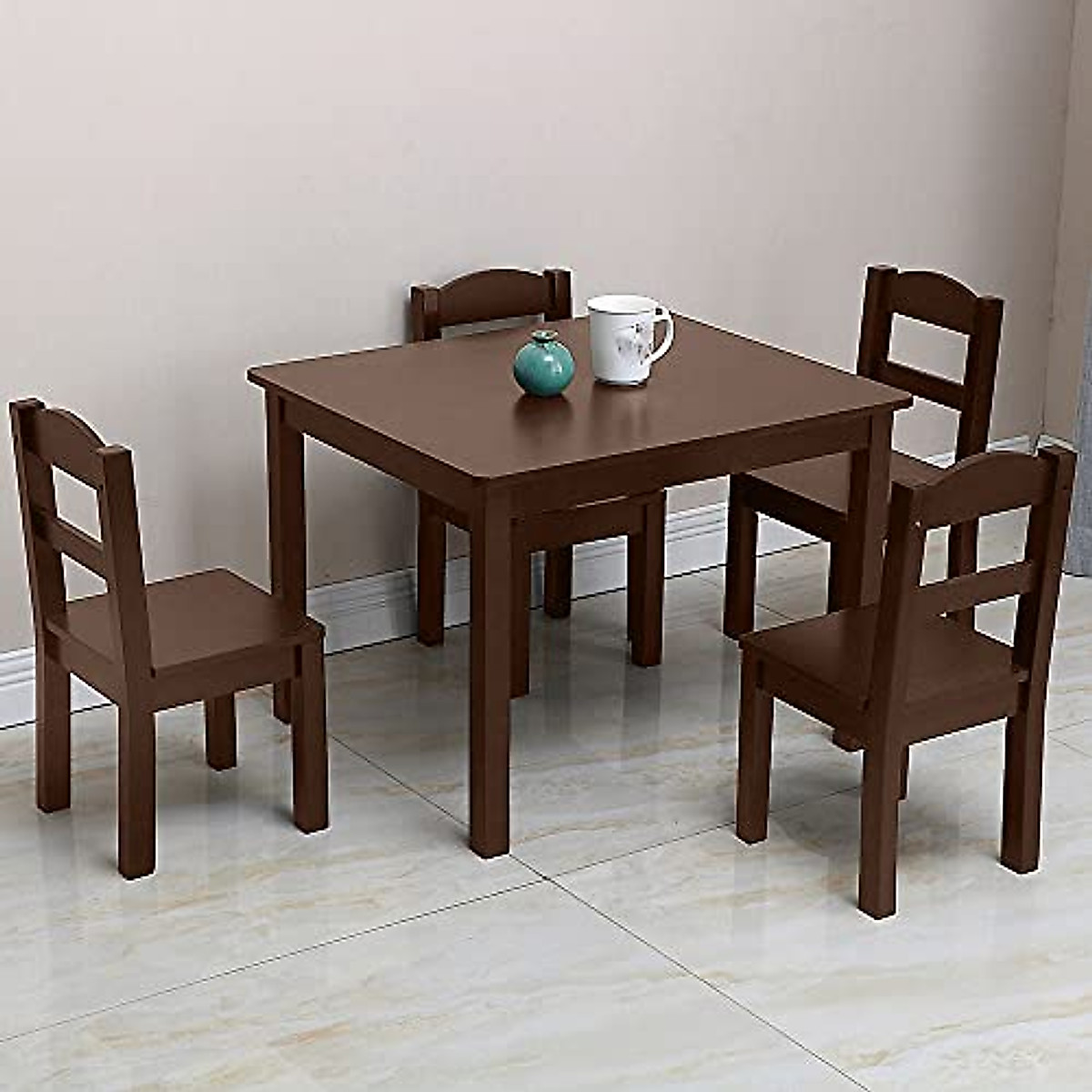 Ochine Kids Table and Chair Set 4 Chairs and 1 Activity Desk Natural Wood Children Table 5 Piece Set Wooden Playroom Furniture Picnic Table Dining Table Set Toddlers Gift for 3-8 Ages