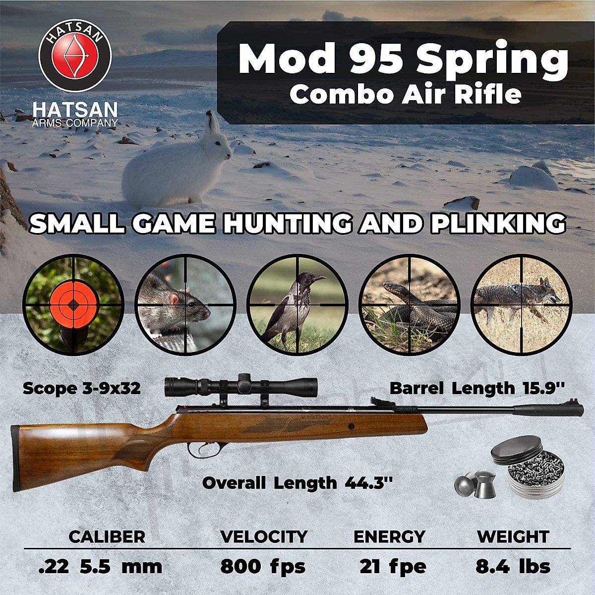 Wearable4U Hatsan Mod 95 Spring Combo .22 Cal Air Rifle 100x Paper Targets and 250x .22cal Pellets Bundle