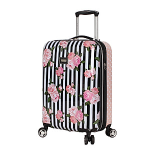 Betsey Johnson Designer 20 Inch Carry On - Expandable (ABS + PC) Hardside Luggage - Lightweight Durable Suitcase With 8-Rolling Spinner Wheels for Women (Stripe Roses)