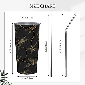 20oz Tumbler Golden Dragonfly Double Wall Vacuum Insulated Coffee Mug with Lid and Metal Straw Brush Reusable Stainless Steel Water Bottle Travel Cup Gifts for Car Ice Drinks Hot Beverage