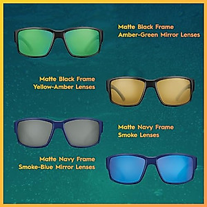 Flying Fisherman Baleen Wrap Around Polarized Sunglasses, Matte Black Frame/Amber-Green Mirror Lens, Medium