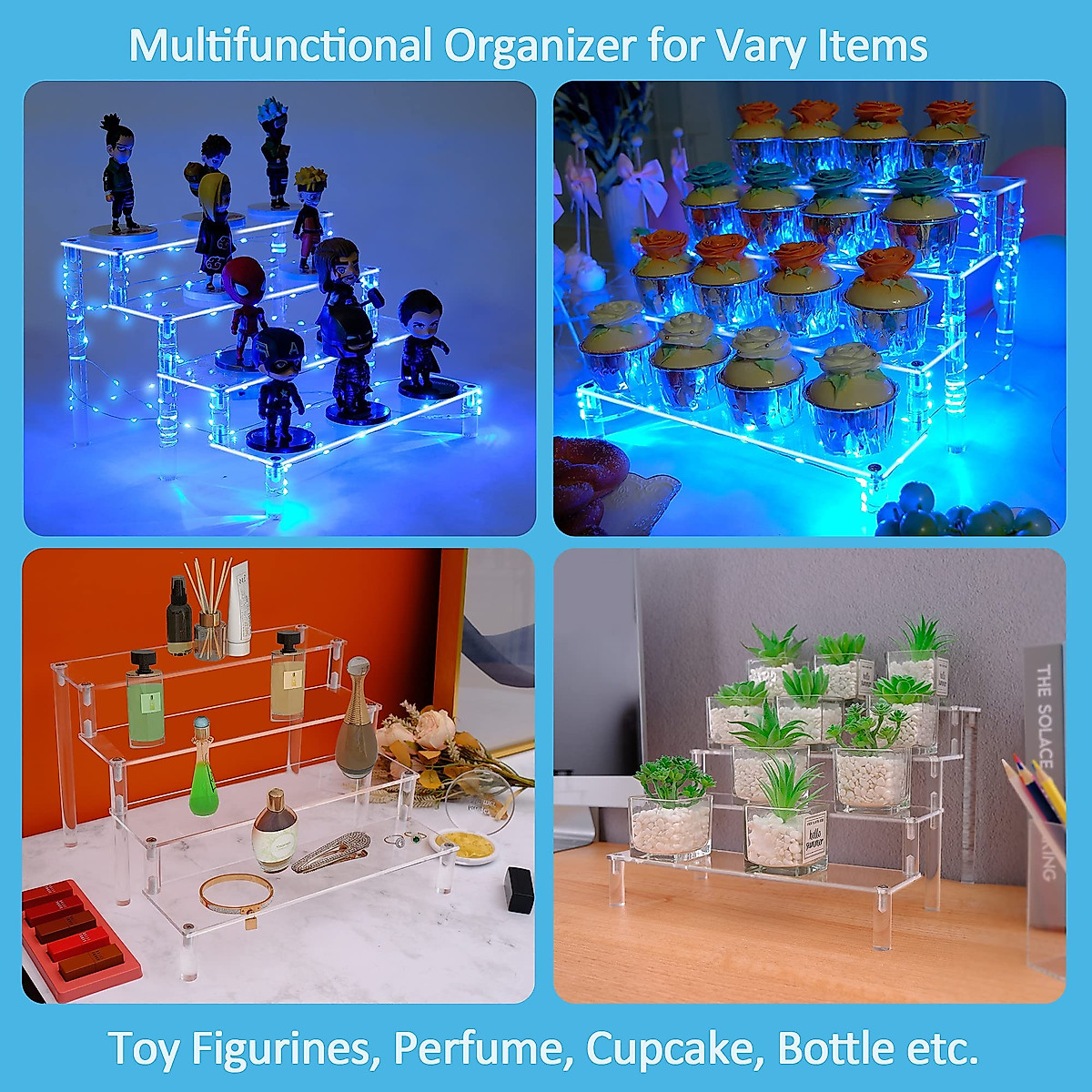 YestBuy 4 Tier Shelf Cake Pop Stand (Blue) +5 Tier Premium Cupcake Holder – Acrylic Cupcake Tower Display – Cady Bar Party Décor – Acrylic Display for Pastry Weddings, Birthday (Colorful)