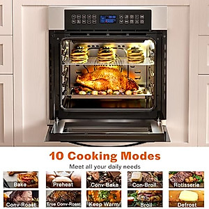Empava 24 inch Electric Single 10 Cooking Funcitons, Stainless Steel Built-in Wall Convection Ovens with Screen Touch Control, 360° Rotisserie