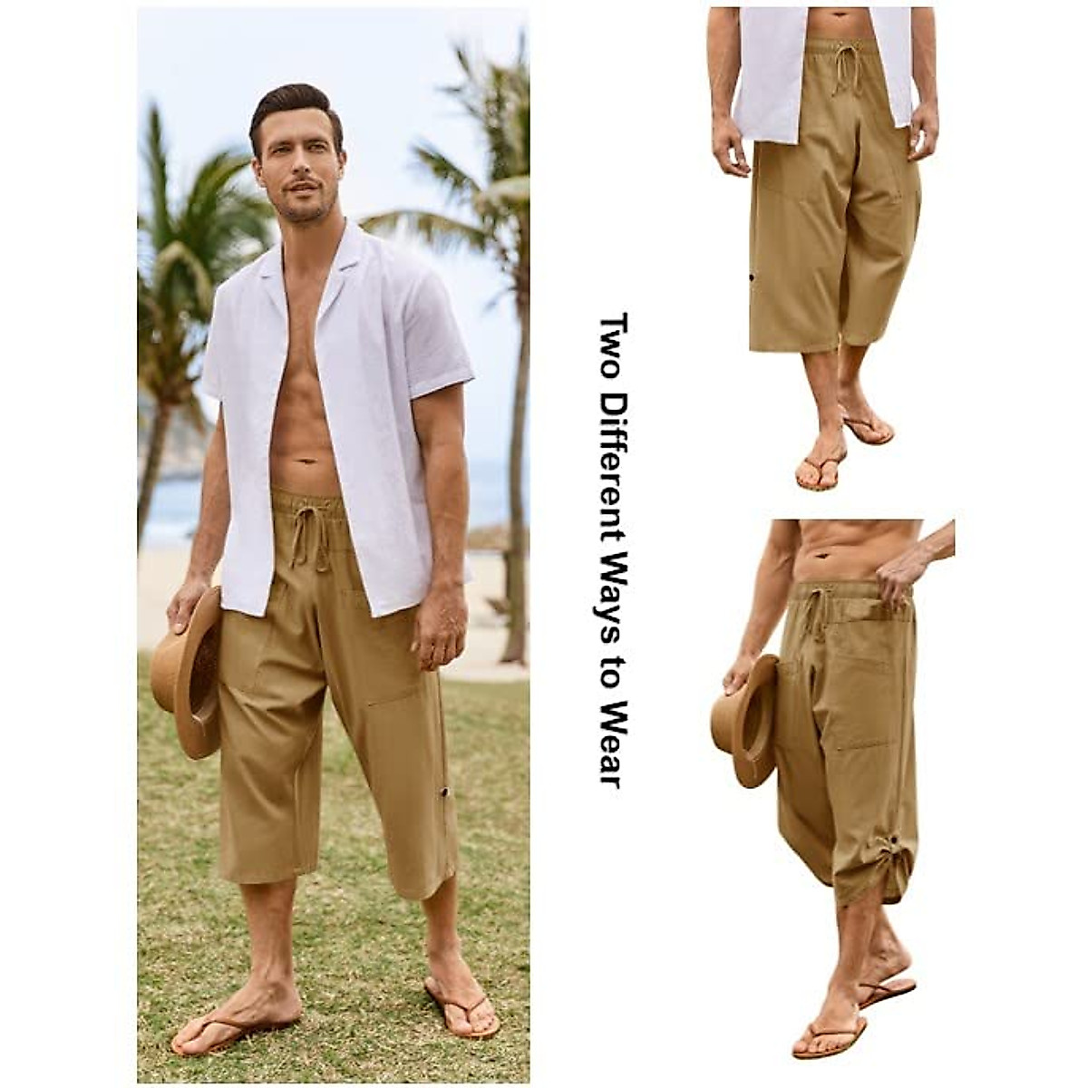 Gafeng Mens Linen Harem Capri Pants Drawstring 3/4 Shorts Casual Beach Yoga Hippie Thai Pants