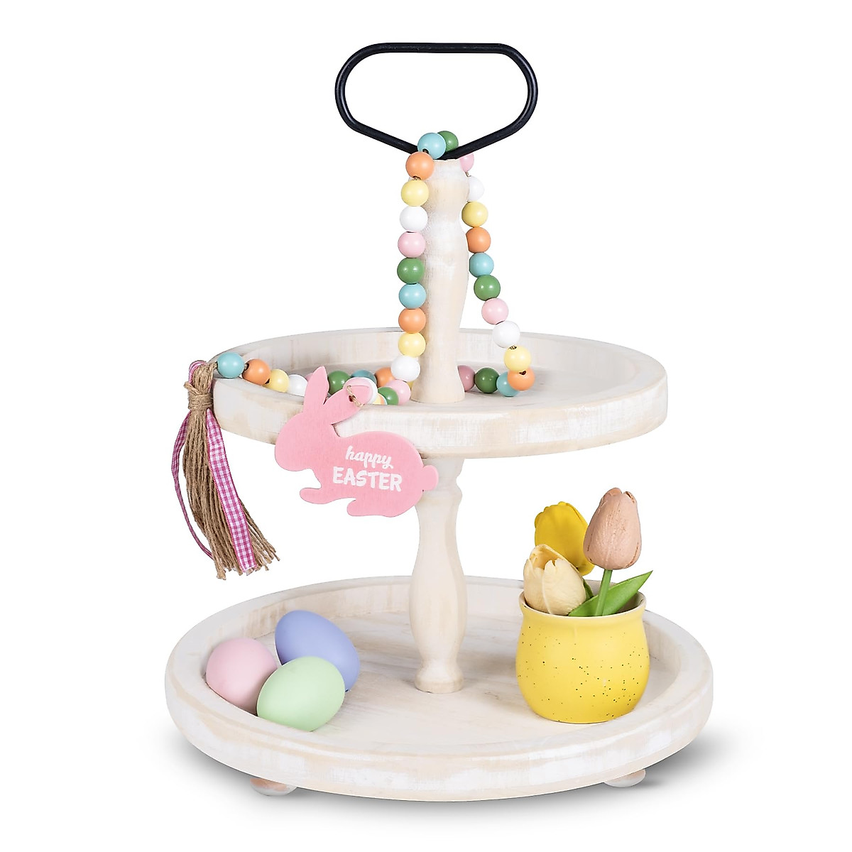 Mustry Rustic Wooden 2 Tiered Tray, Round Farmhouse Kitchen Table Decor Serving Tier Tray, Food Fruits Cupcake Display Coffee Bar Home Party Seasonal Decorations (White)