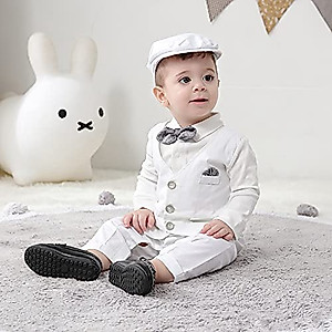 HOSUKKO Baby Suit, One-Piece Romper & Beret & Bow Tie,Toddler Boys Bowtie Outfits Sets for Special Occasion (Long Sleeve, 0-24 Months),White,3-6M