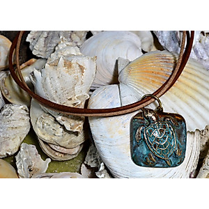 Elaine Coyne Collectible Artwear Verdigris Patina Solid Brass Large Sea Turtle Pendant on Triple Rawhide - USA Made