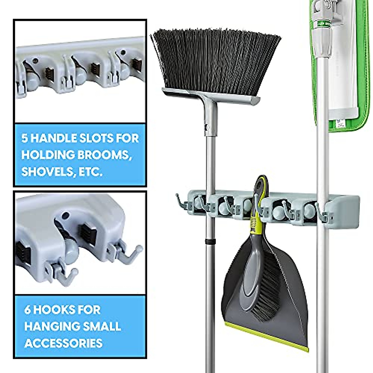 INNOVATEX Garage Tool Storage Rack Mop and Broom Holder Wall Mount Organizer, 5 Clamp Hanger Slots for Rakes, Shovels, Garden Yard Tools, Kitchen and Utility Use, 6 Hanging Hooks for Small Items