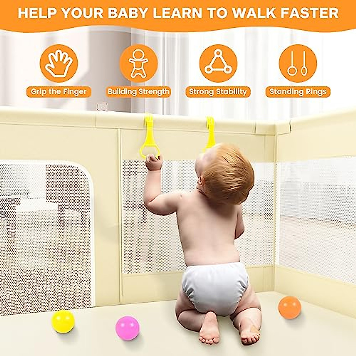 ZESHWER Baby Playpen with Gate, Play Pens for Babies and Toddlers, Play Yard for Baby, 50"x50" Baby Fence, Activity Center for Baby, Sturdy Safety Playpen with Anti-Slip Base, Beige