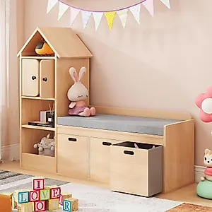 Kids Bookcase and Bookshelf with Reading Nook, Toy Storage Organizer for Kids, Oak Castle Wooden Bookcase with 3 Open Storage Cubbies 3 Drawers and Seat Cushion for Children's Room, Playroom, Oak