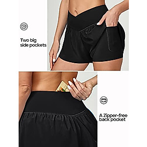 Ewedoos Crossover Flowy Athletic Shorts for Women with 3 Pockets 2 in 1 Butterfly Shorts High Waisted Running Shorts Black