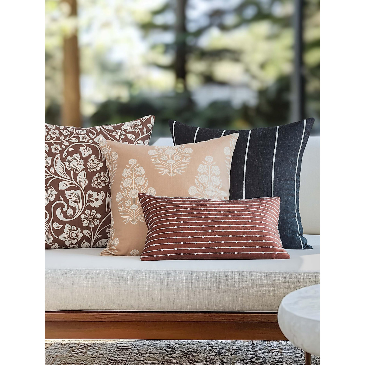 Crumbs Home Modern Farmhouse Fall Linen Indoor Outdoor Throw Pillow Cover Only, 22"x22" Water Repellent for Patio, Backyard, Couch, Black Neutral Vertical Stripes