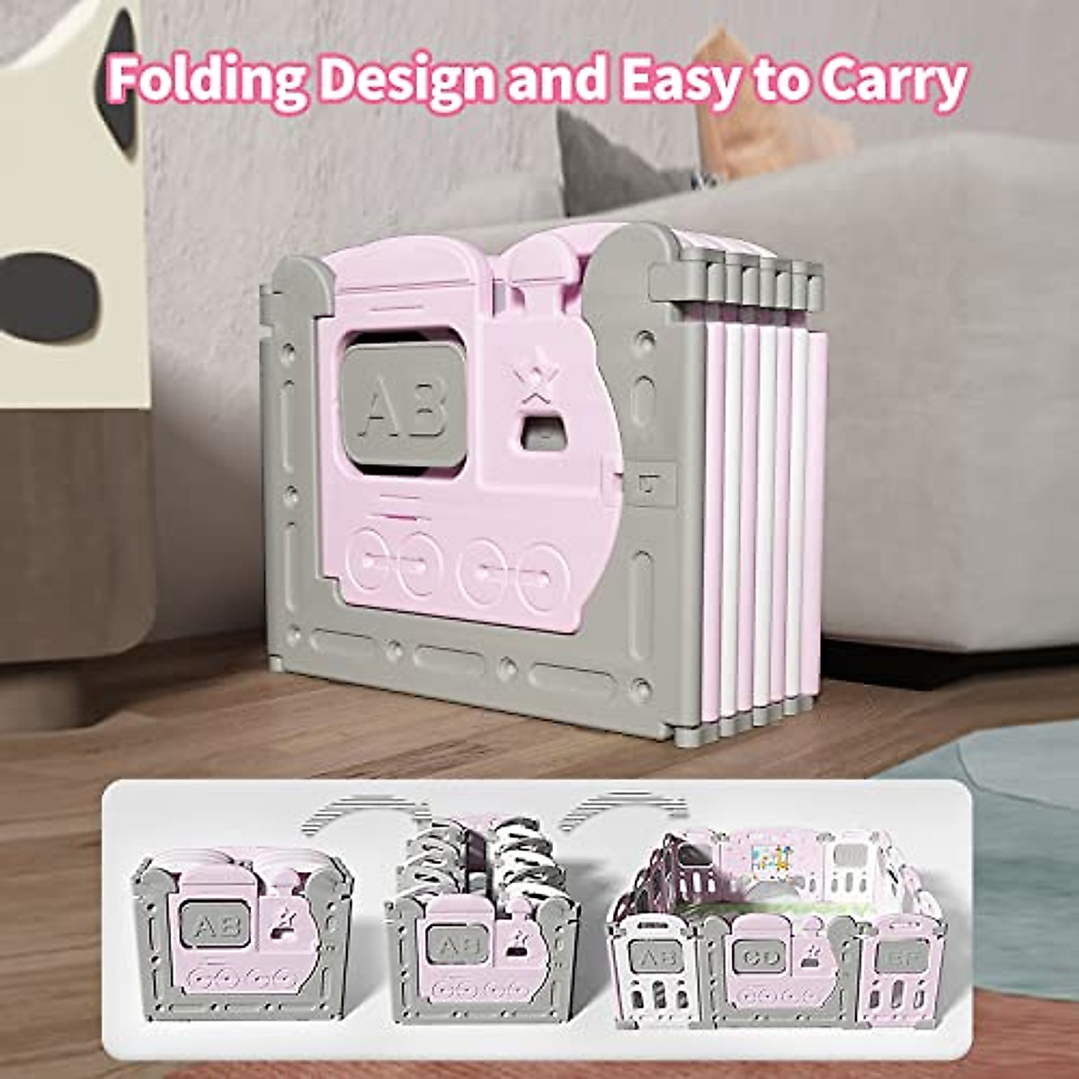 UNICOO – Baby Playpen, Foldable Kids Fence Activity Center, Safety Playard with Games Station Non-Slip Rubber Bases, Adjustable Shape (ZC-001-PW Pink + White)