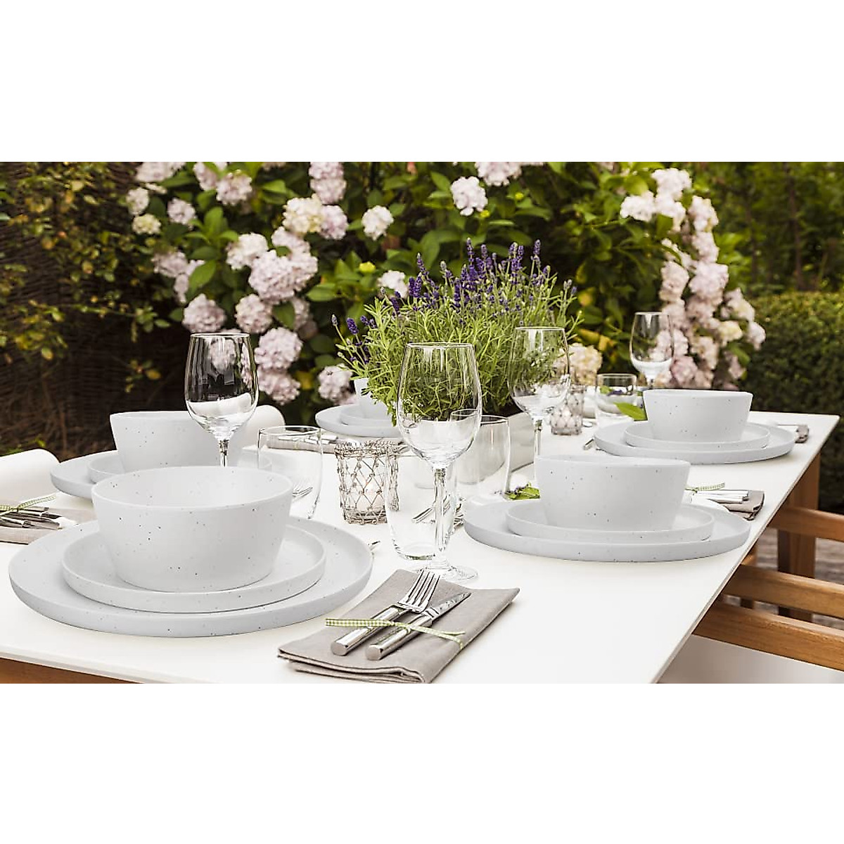 Melamine Dinnerware Set - 12 pcs Melamine Plates Indoor and Outdoor use Matte White SPECKLED DESIGN Plates and Bowls Dinnerware Sets Summer Fall Camping Dish Set for 4 Dishwasher Safe